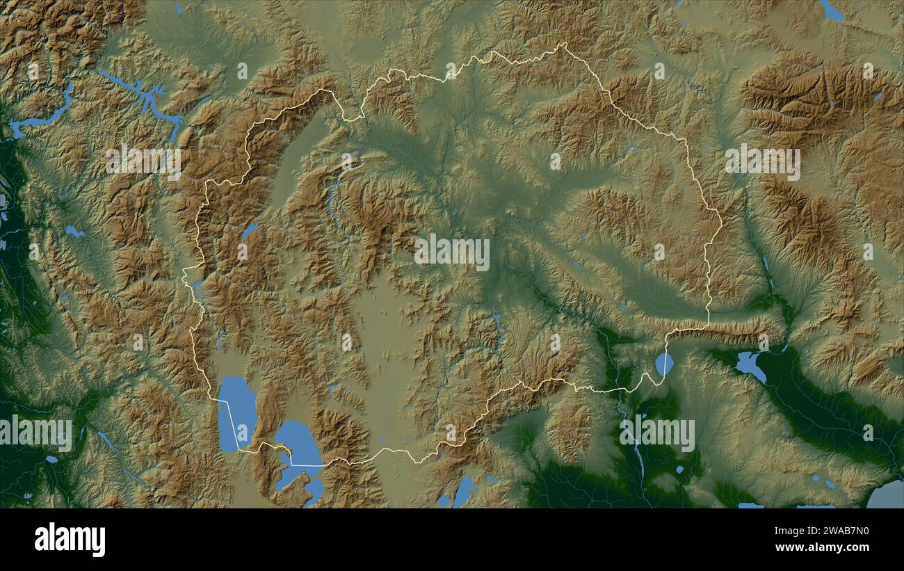 North Macedonia outlined on a Colored elevation map with lakes and ...