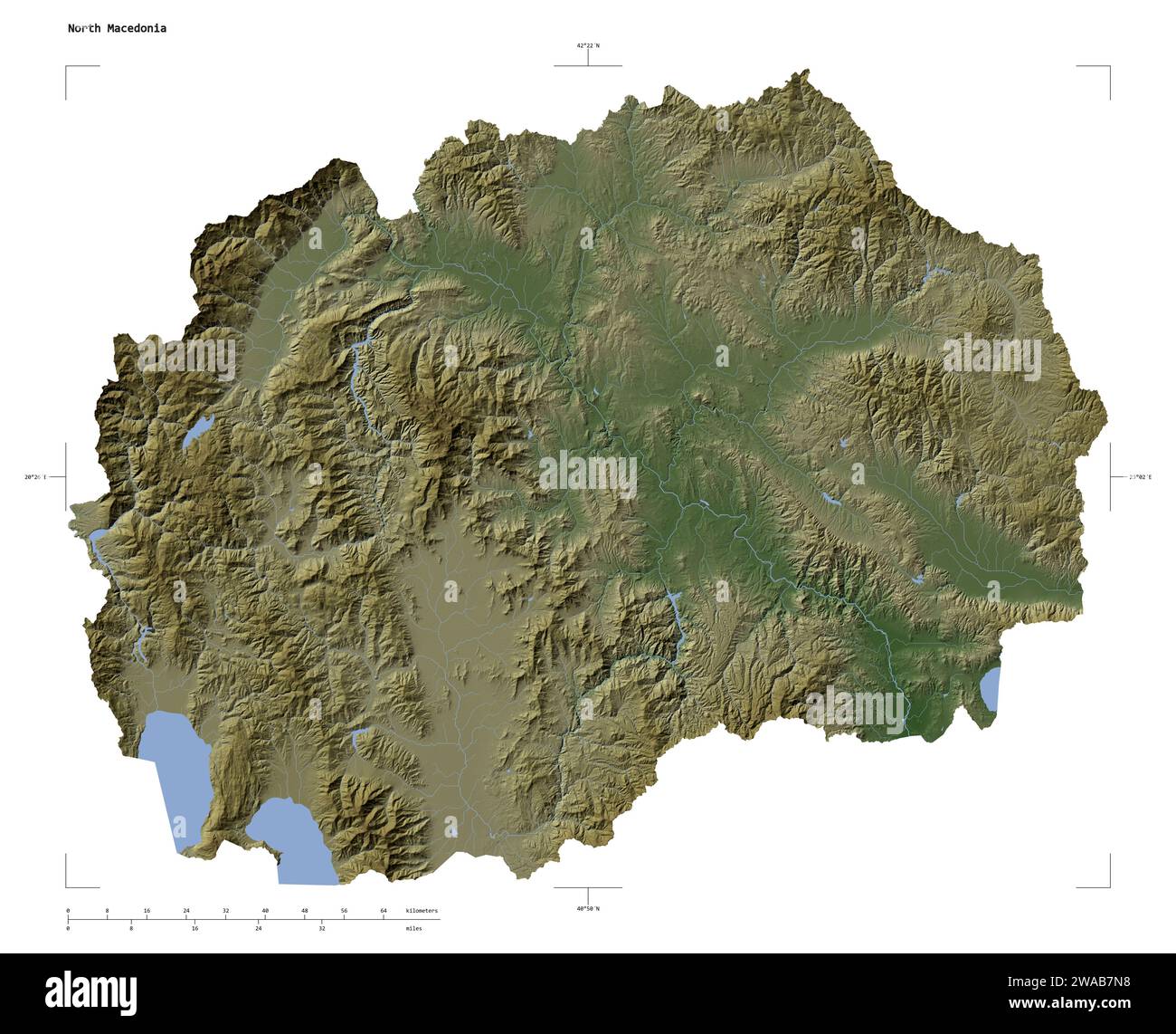 Shape of a Pale colored elevation map with lakes and rivers of the North Macedonia, with ...