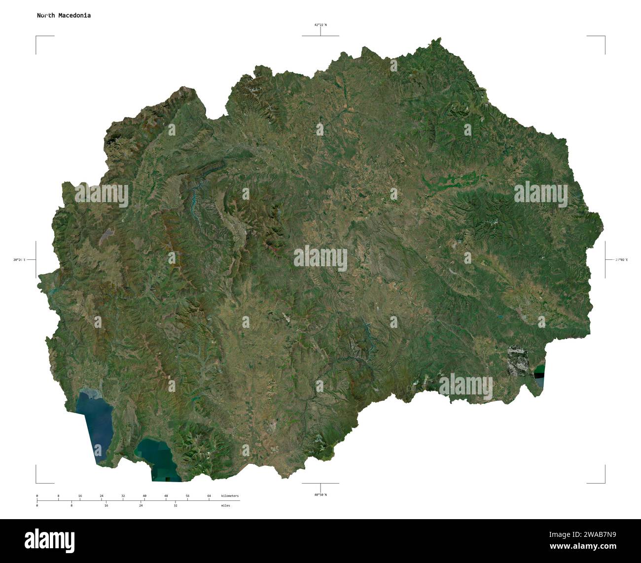 Shape of a high resolution satellite map of the North Macedonia, with distance scale and map ...