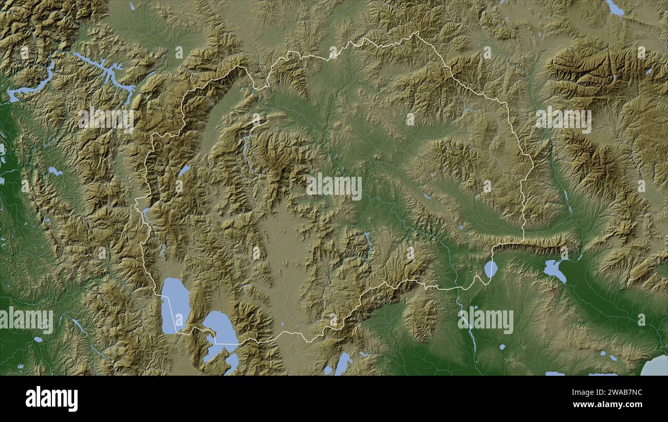 North Macedonia outlined on a Pale colored elevation map with lakes and ...