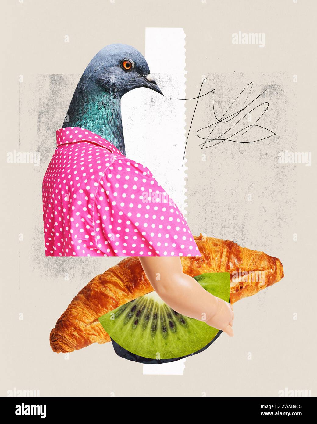 Poster. Contemporary art collage. Modern artwork of pigeon in pink ...