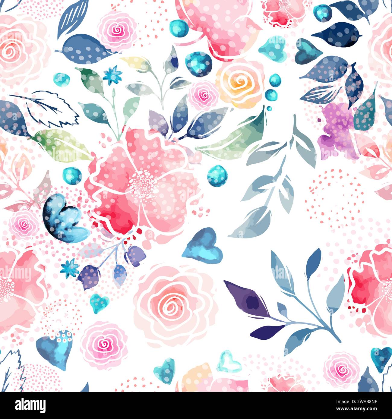 Pink and blue watercolor flowers seamless pattern. hand drawing. Not AI ...