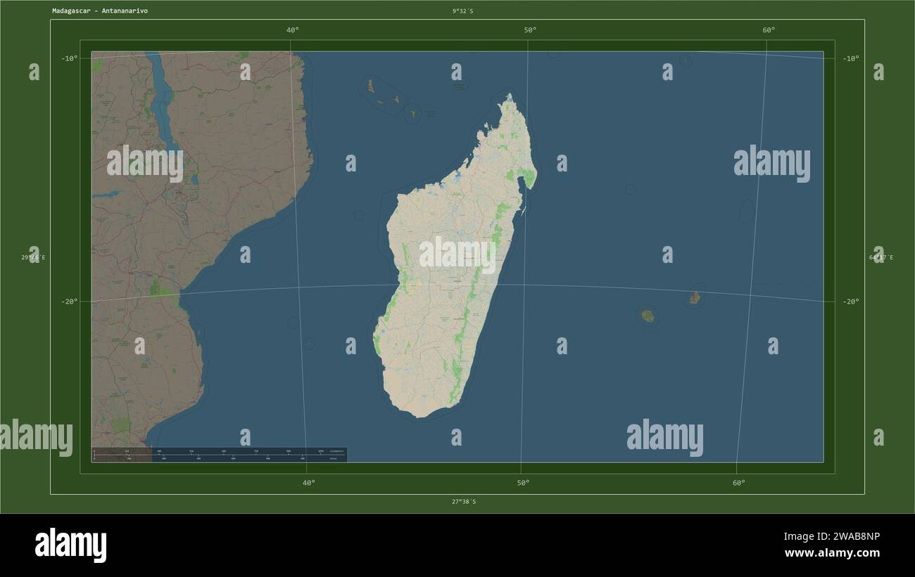 Madagascar highlighted on a topographic, OSM Germany style map map with the country's capital ...