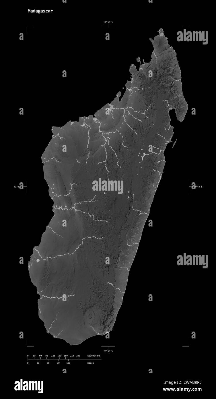 Shape of a Grayscale elevation map with lakes and rivers of the Madagascar, with distance scale ...