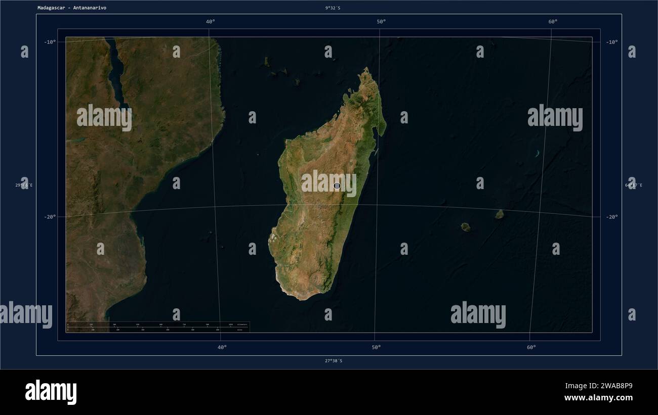 Madagascar highlighted on a low resolution satellite map map with the country's capital point ...