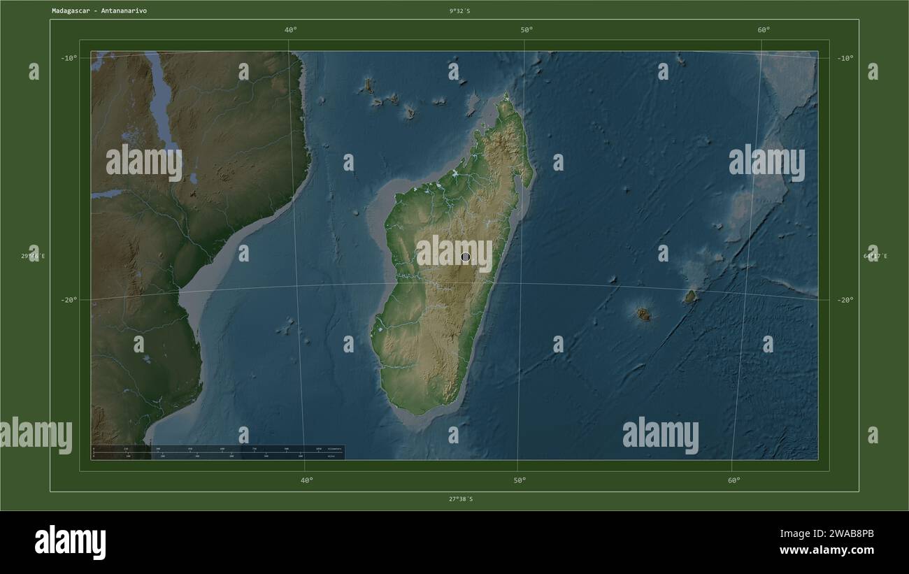 Madagascar highlighted on a Pale colored elevation map with lakes and ...