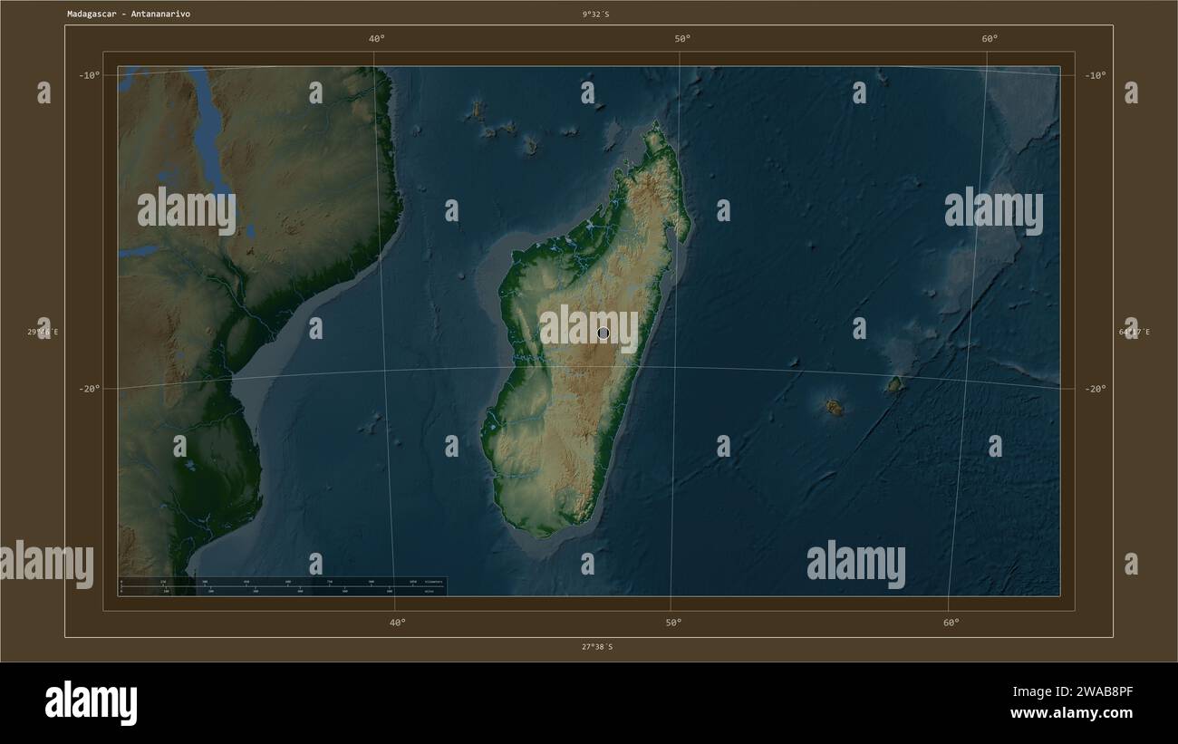 Madagascar highlighted on a Colored elevation map with lakes and rivers ...