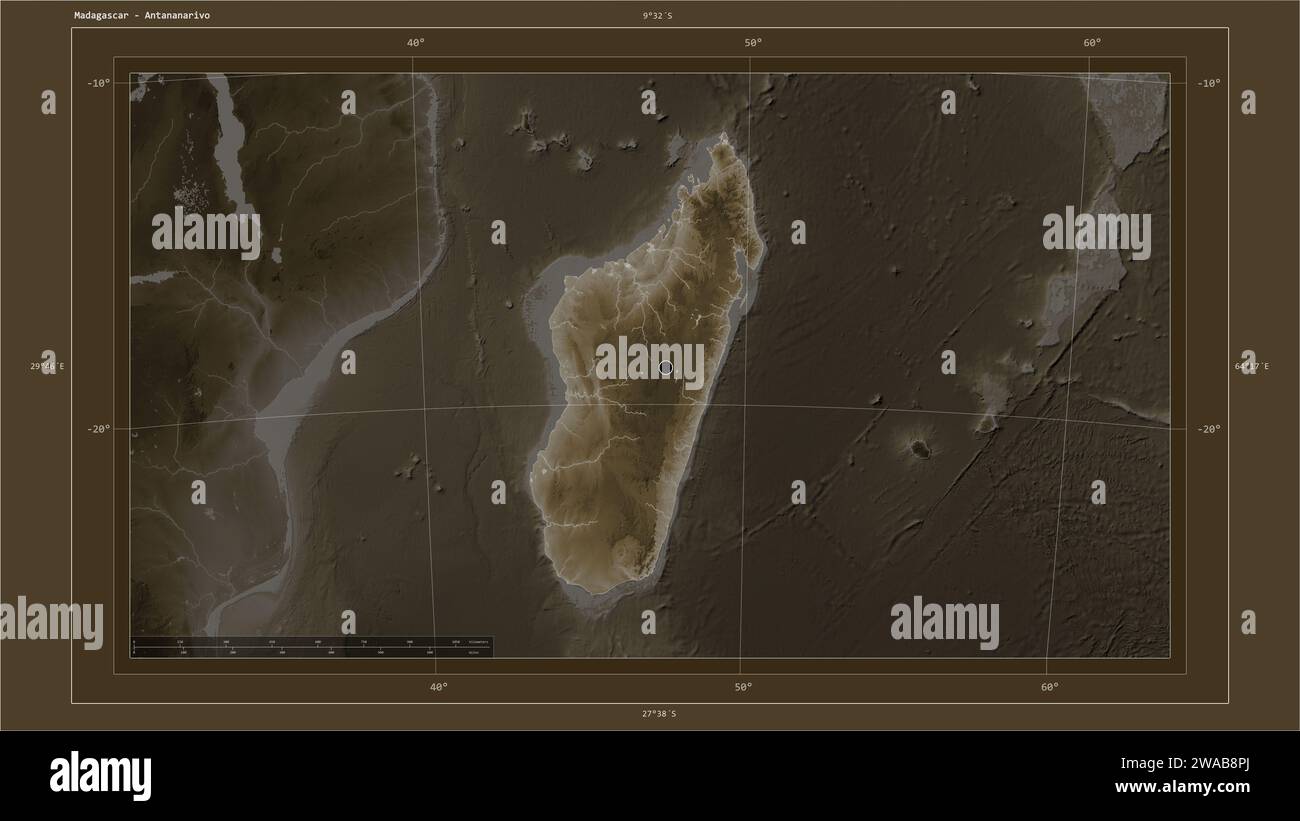 Madagascar highlighted on a elevation map colored in sepia tones with ...