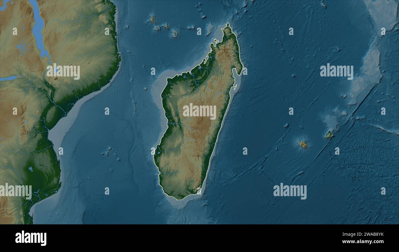 Madagascar outlined on a Colored elevation map with lakes and rivers ...