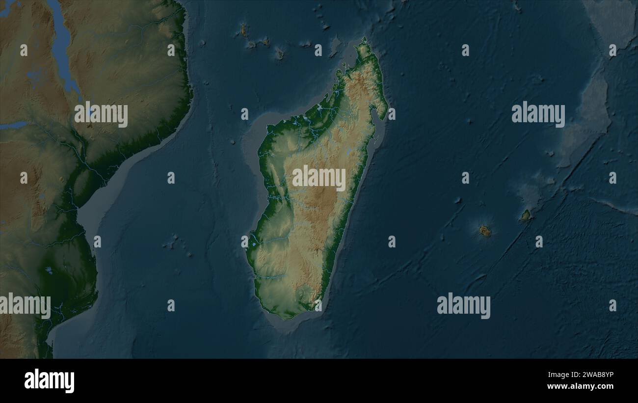 Madagascar highlighted on a Colored elevation map with lakes and rivers ...