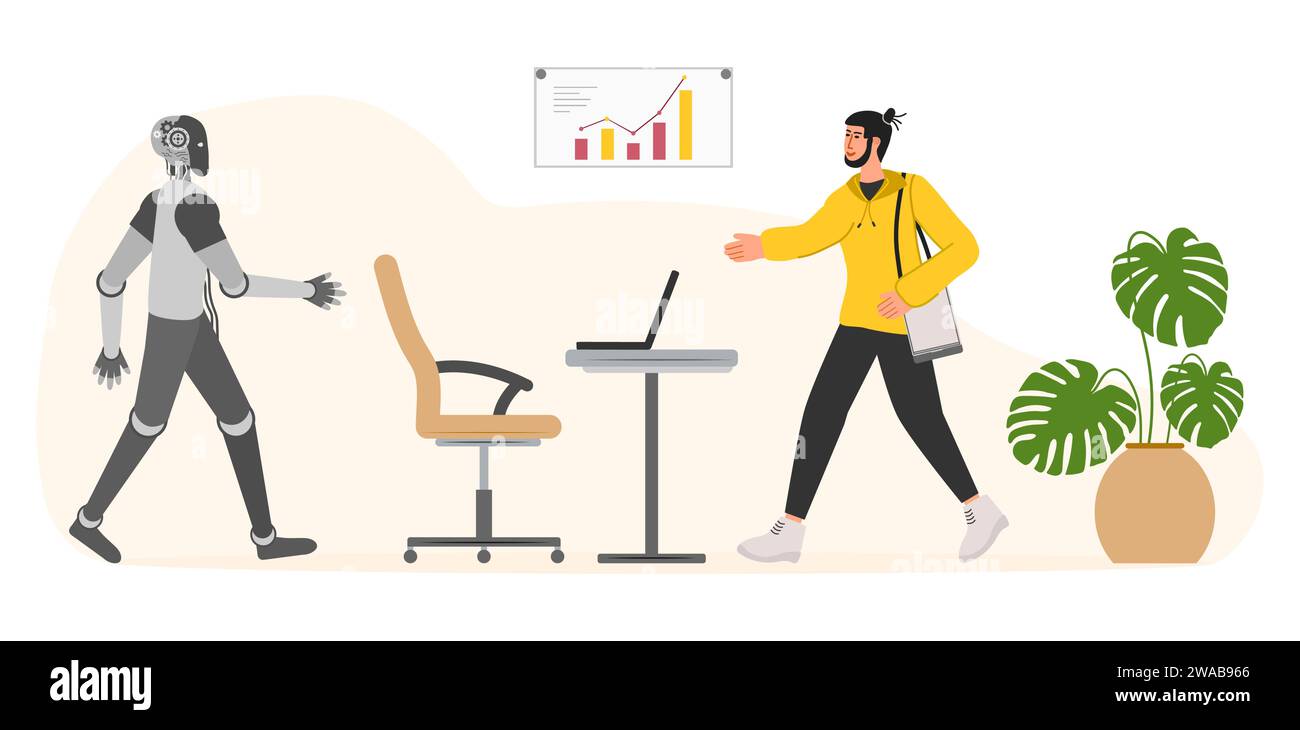 Man and robot hold out their hands to each other to greet. Interaction ...