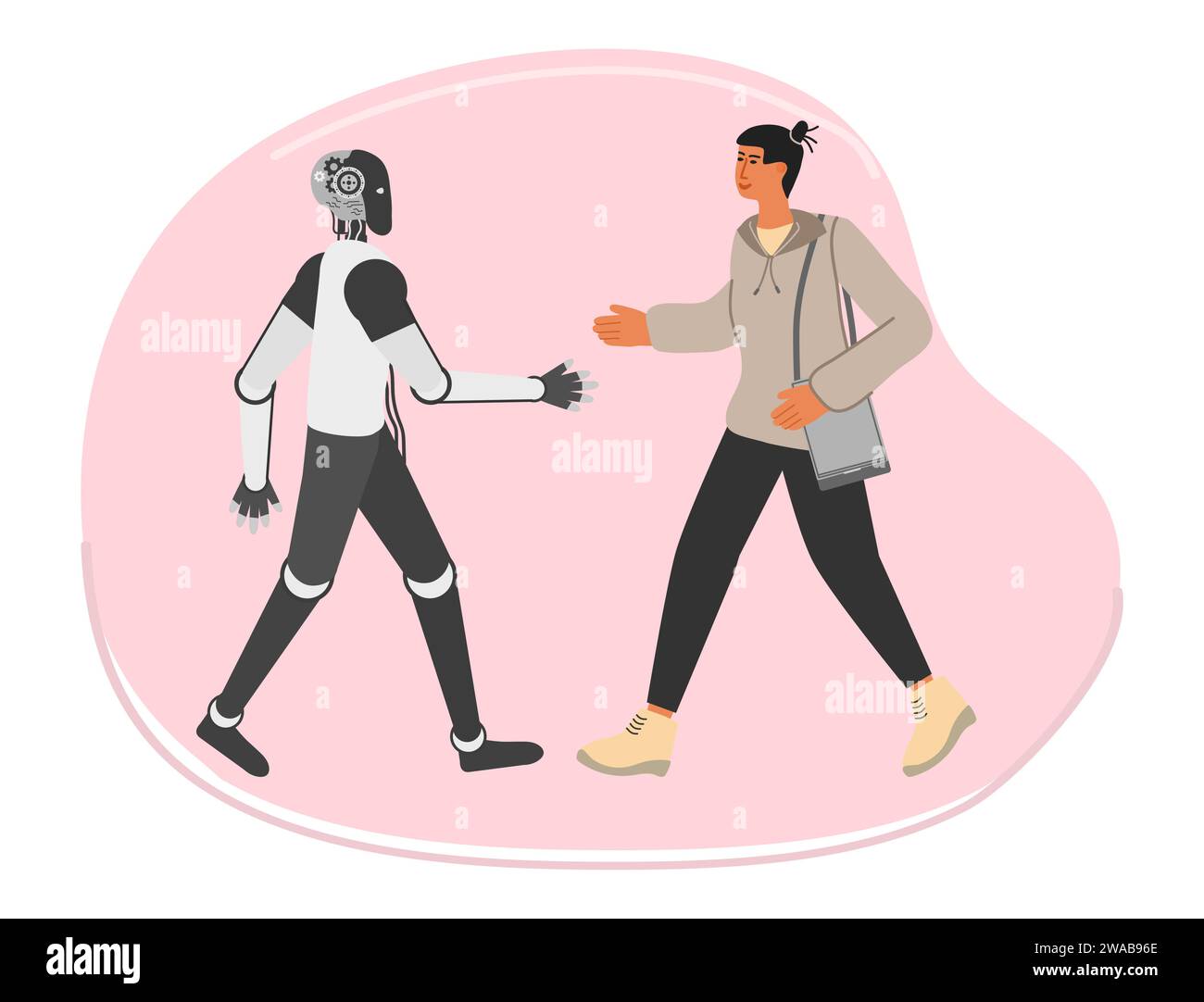 Man and robot hold out their hands to each other to greet. Interaction ...