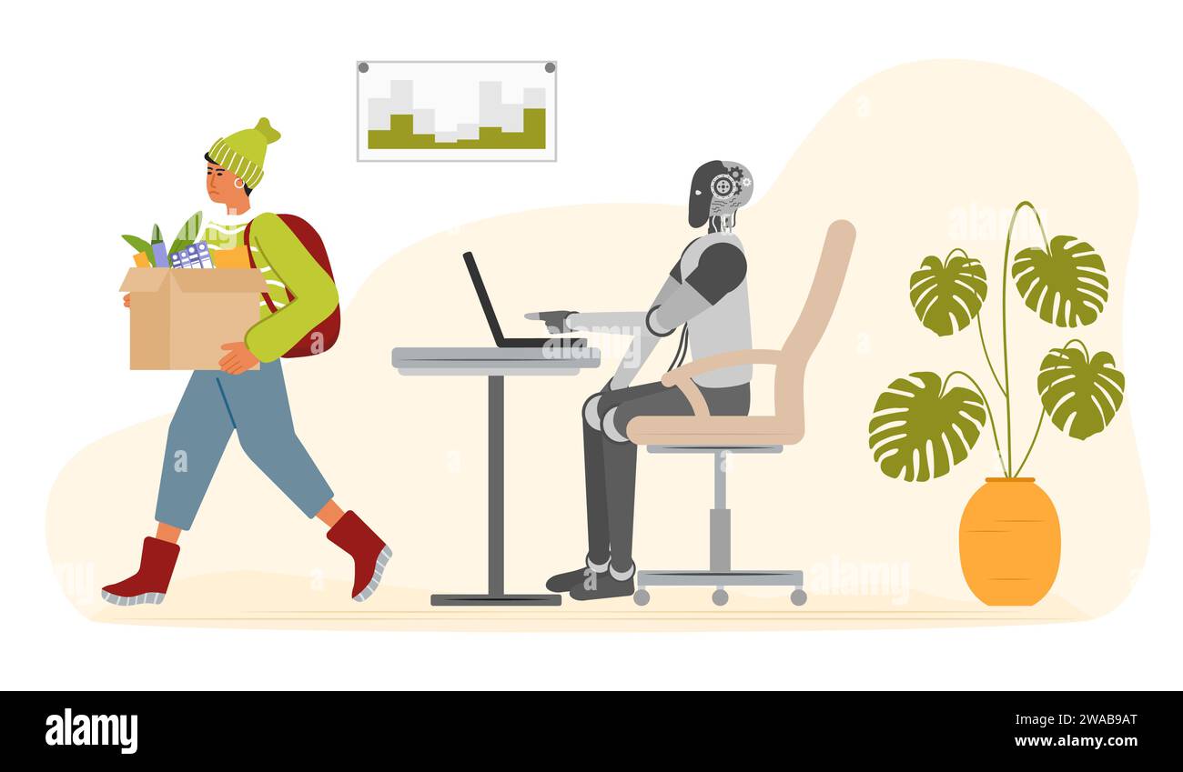 Smart AI robot took workplace, sad fired girl hold box. Unemployment ...