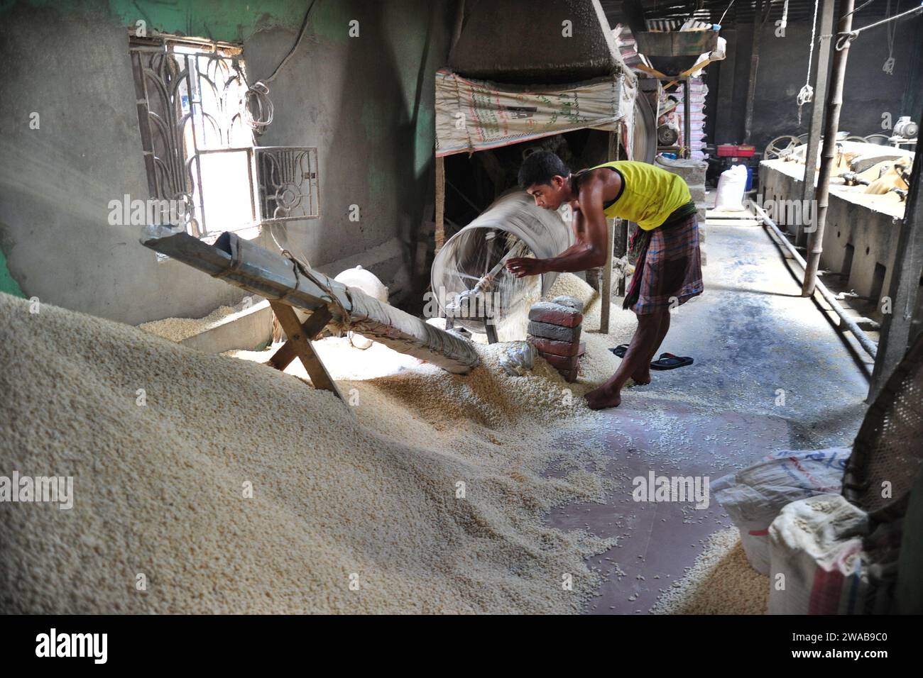 Bangladeshi worker works in a puffed rice factory in Dhaka City in ...