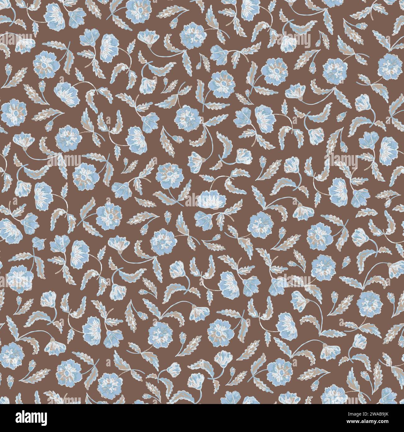 Floral pattern in blue and brown, in the style of influenced by ancient ...