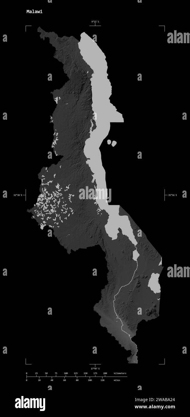 Shape of a Grayscale elevation map with lakes and rivers of the Malawi ...