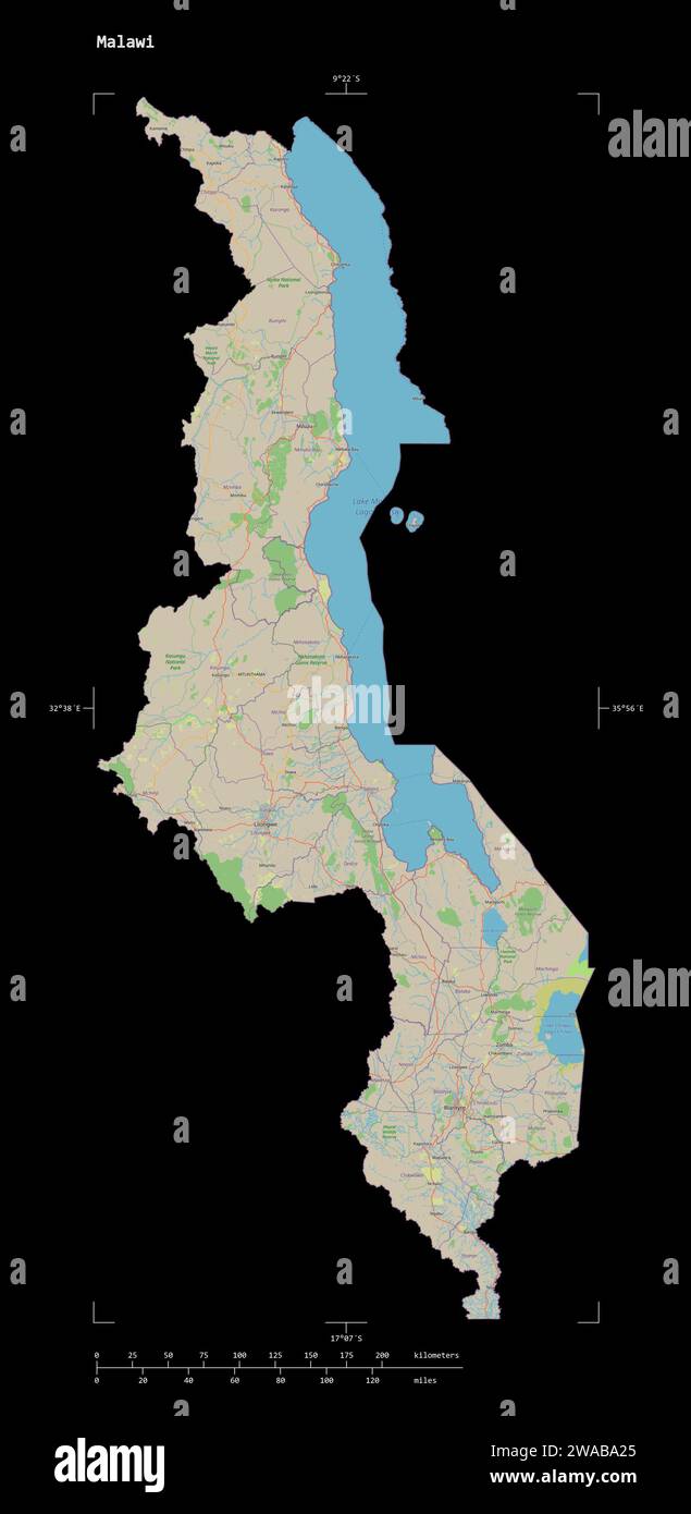 Shape of a topographic, OSM standard style map of the Malawi, with ...