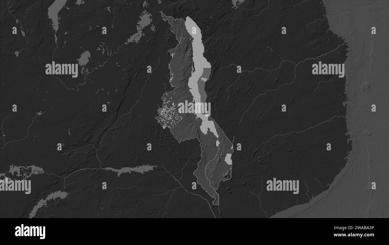 Malawi highlighted on a Bilevel elevation map with lakes and rivers ...