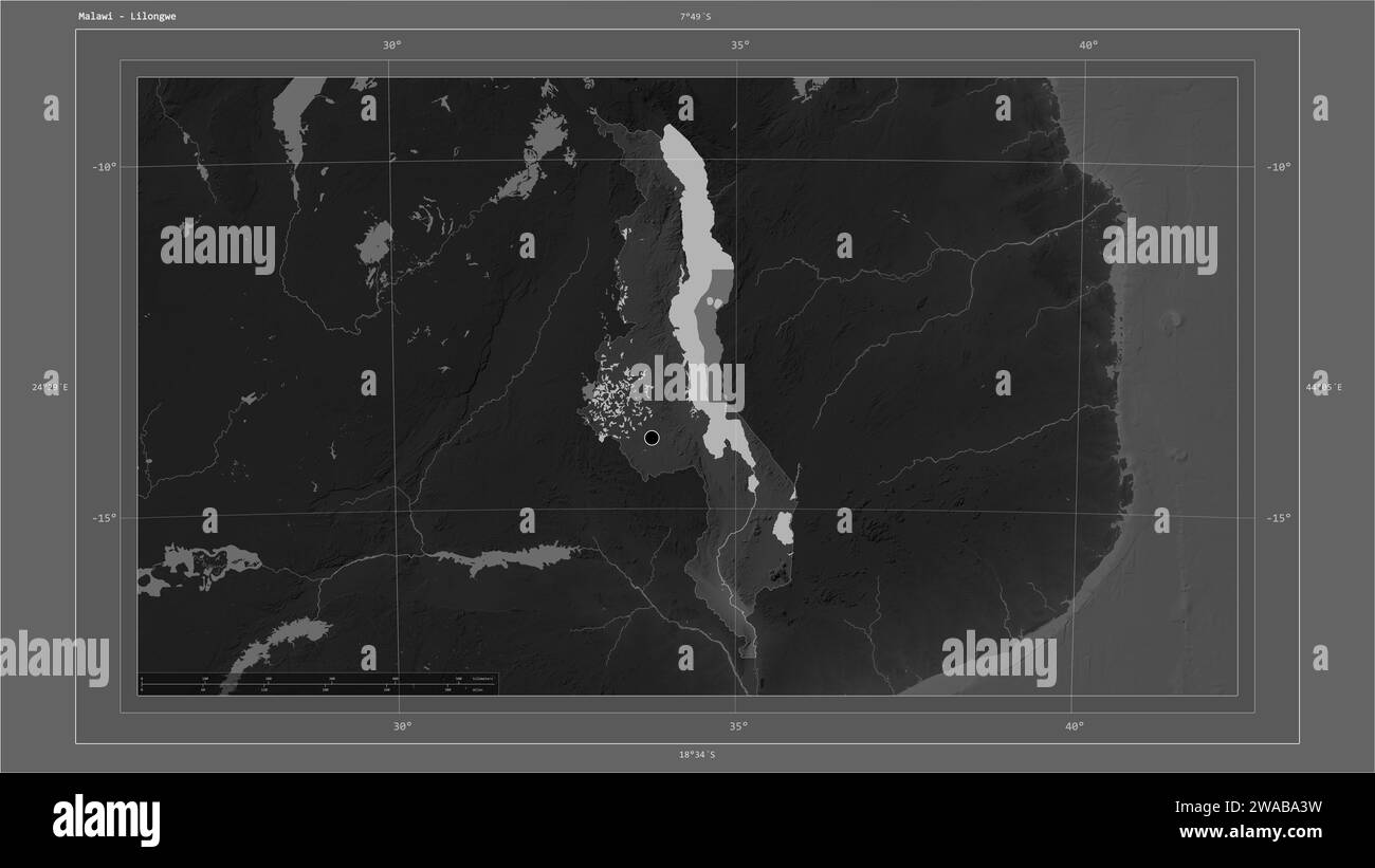 Malawi highlighted on a Grayscale elevation map with lakes and rivers ...