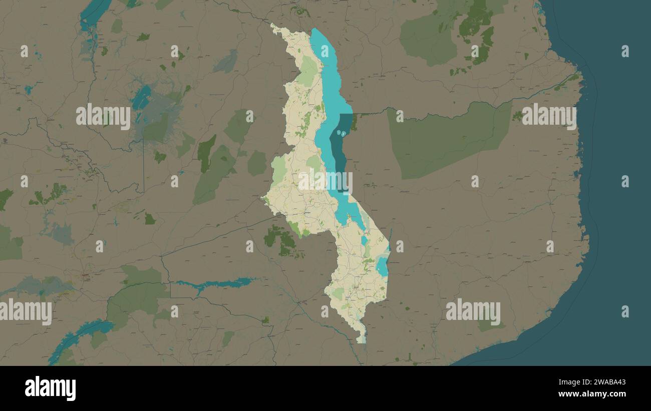Malawi highlighted on a topographic, OSM Humanitarian style map Stock ...