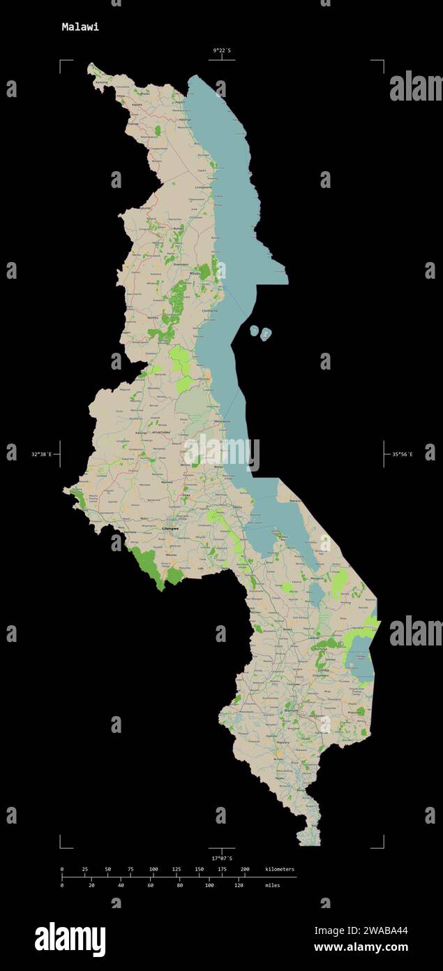 Shape of a topographic, OSM France style map of the Malawi, with ...
