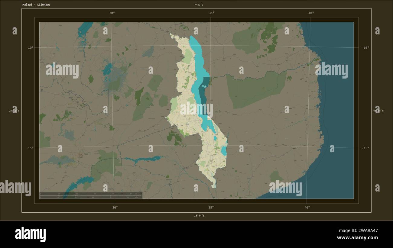 Malawi highlighted on a topographic, OSM Humanitarian style map map ...