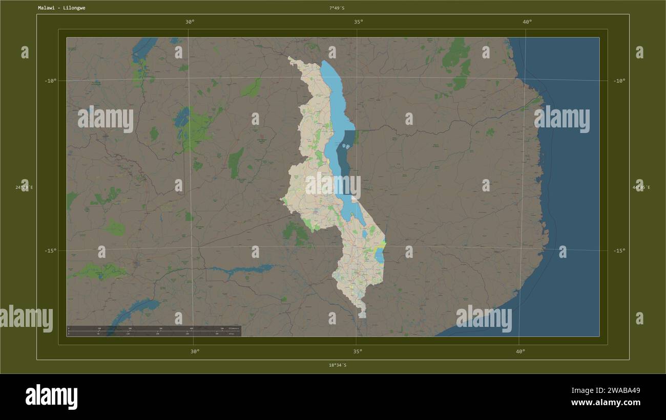 Malawi highlighted on a topographic, OSM standard style map map with ...