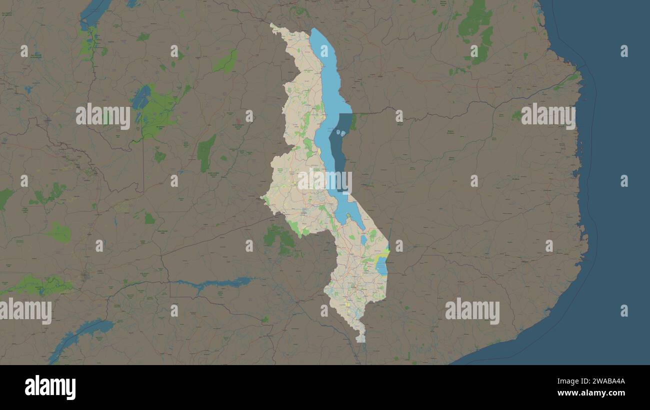 Malawi highlighted on a topographic, OSM standard style map Stock Photo ...