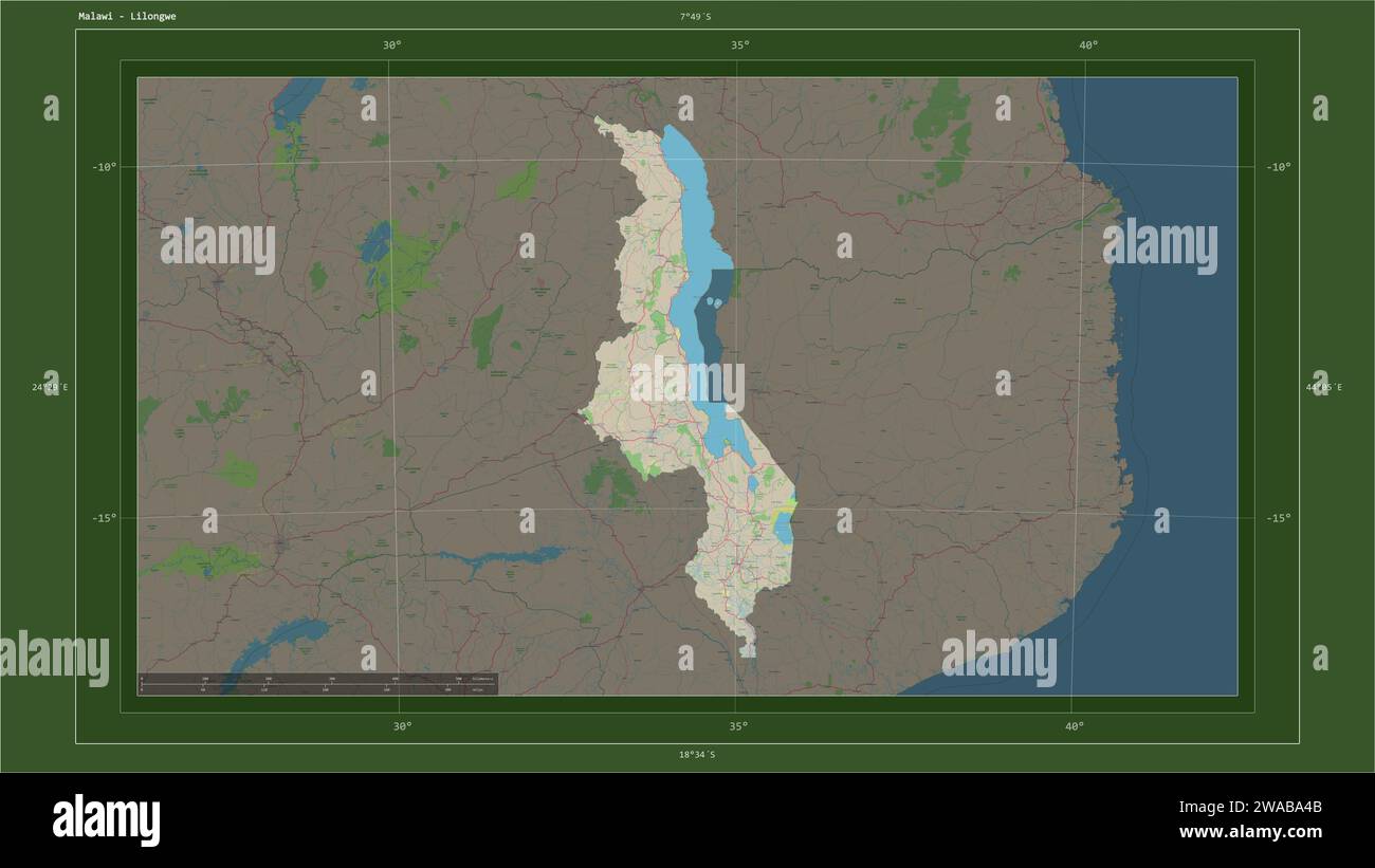 Malawi highlighted on a topographic, OSM Germany style map map with the ...