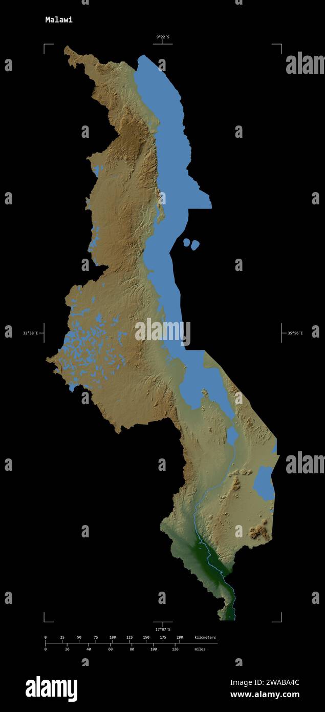 Shape of a Colored elevation map with lakes and rivers of the Malawi ...