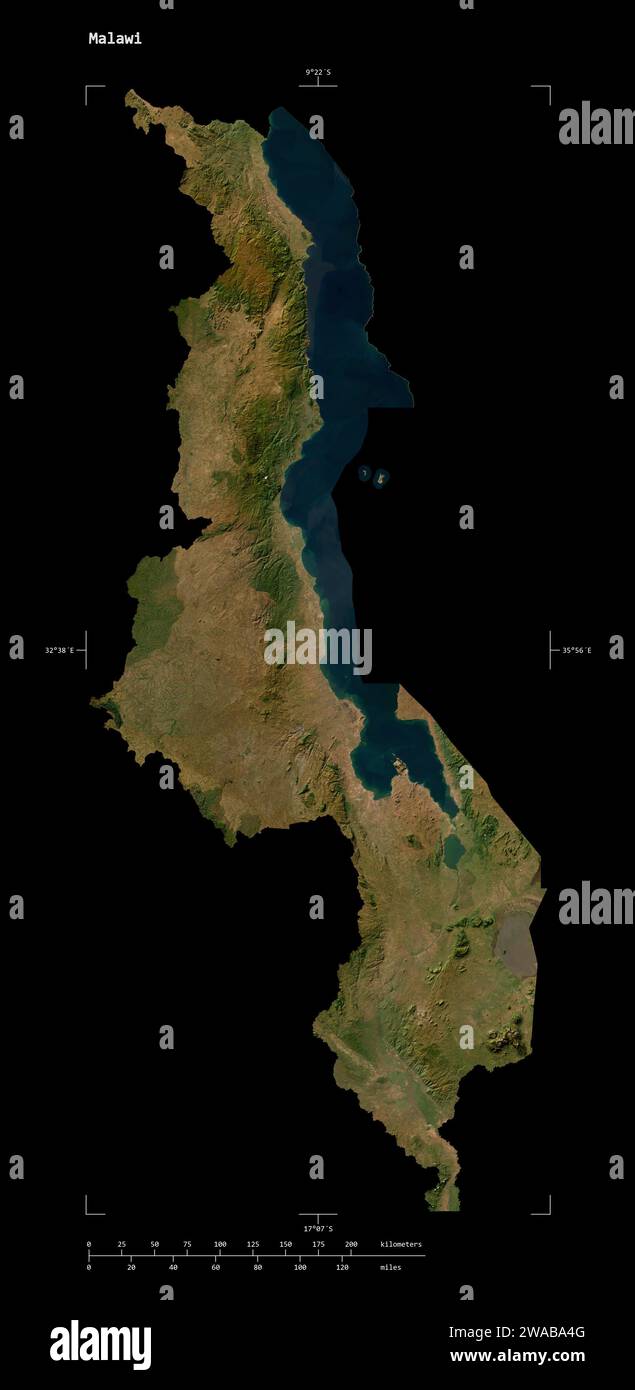 Shape of a low resolution satellite map of the Malawi, with distance ...