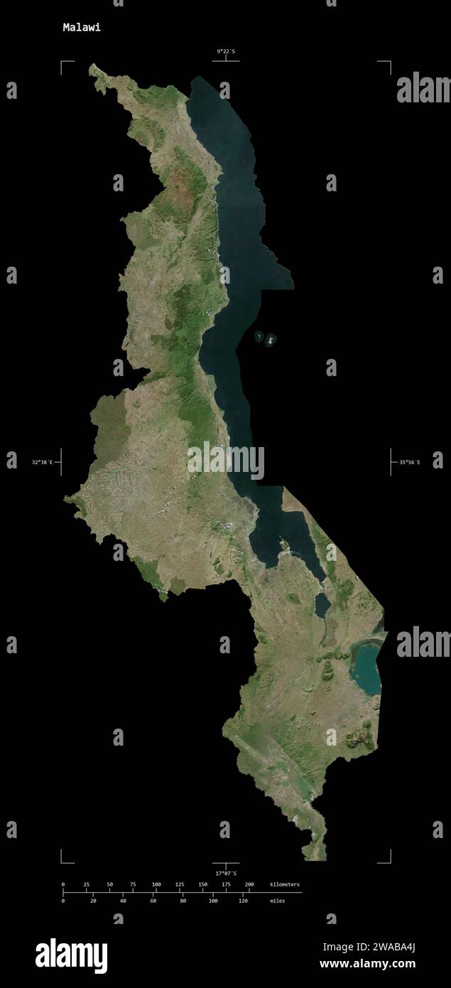 Shape of a high resolution satellite map of the Malawi, with distance ...