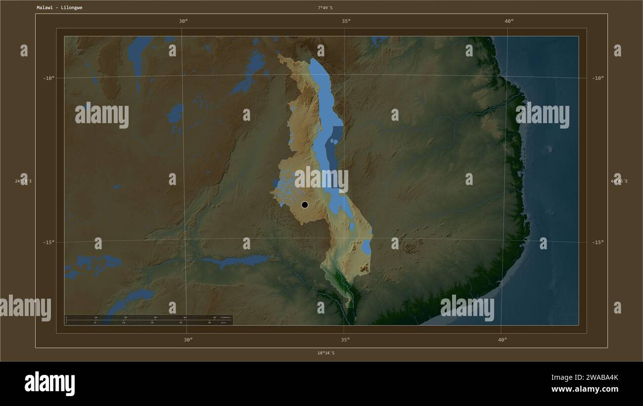 Malawi highlighted on a Colored elevation map with lakes and rivers map ...
