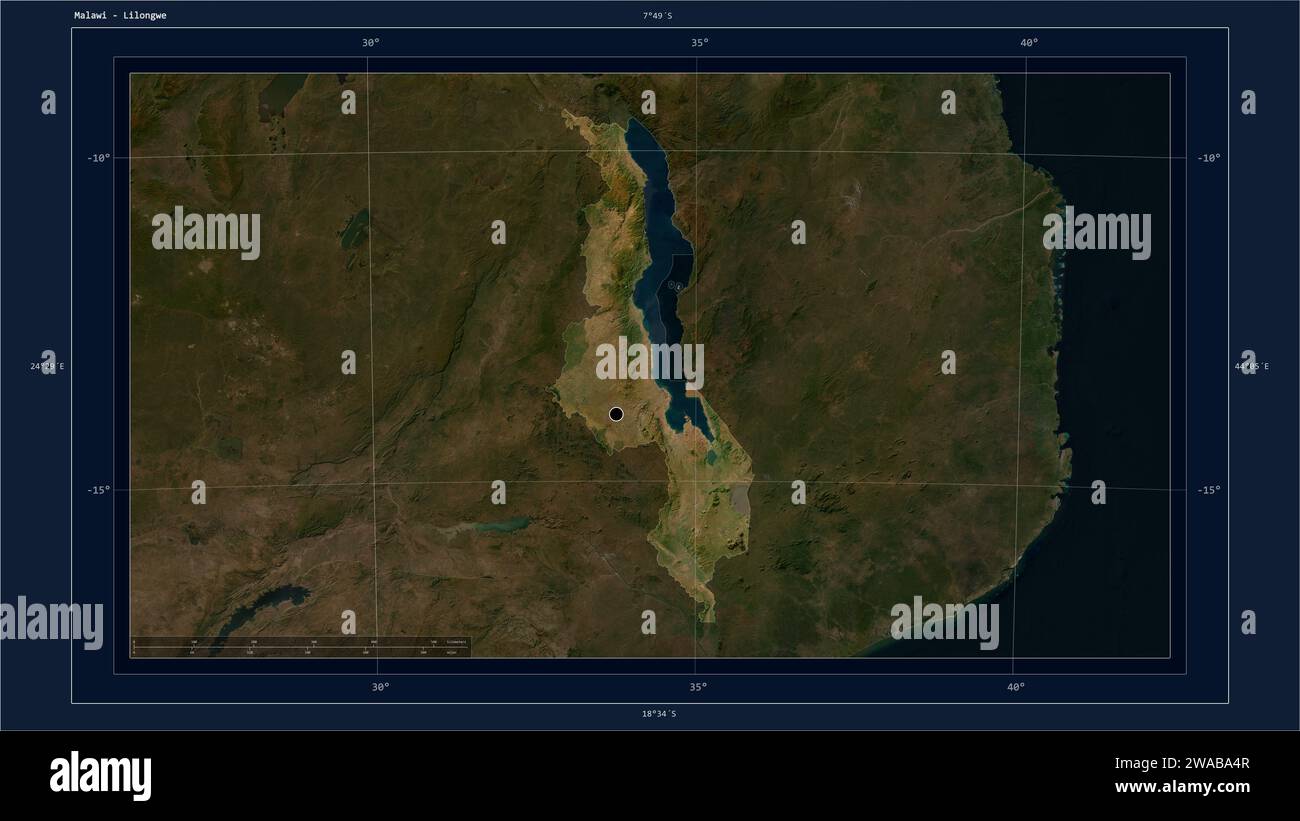 Malawi highlighted on a low resolution satellite map map with the country's capital point ...