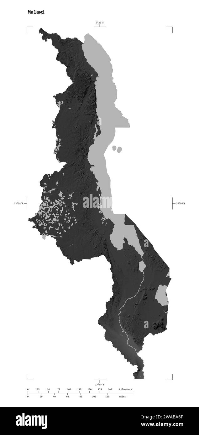 Shape of a Grayscale elevation map with lakes and rivers of the Malawi, with distance scale and ...