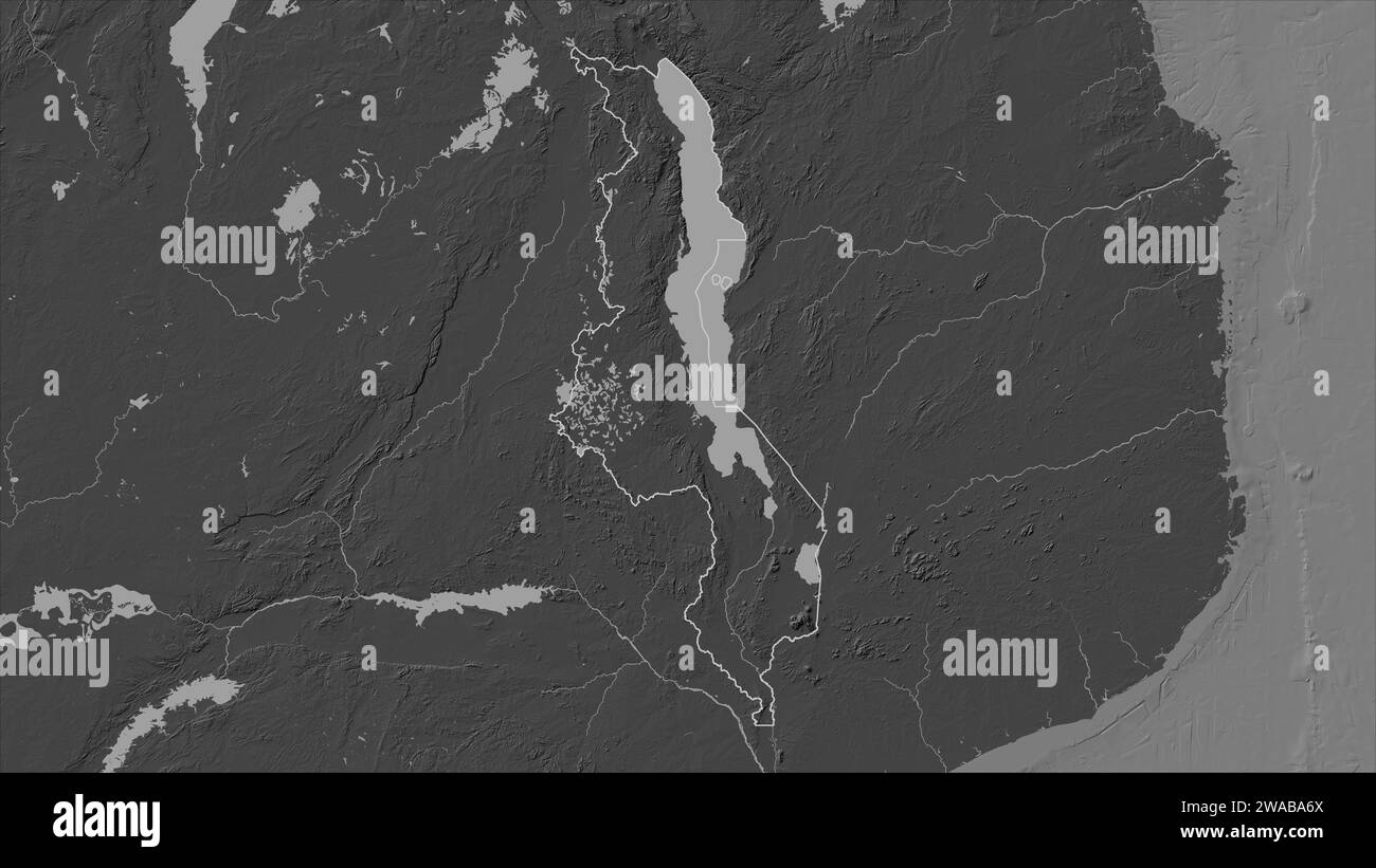 Malawi outlined on a Bilevel elevation map with lakes and rivers Stock ...