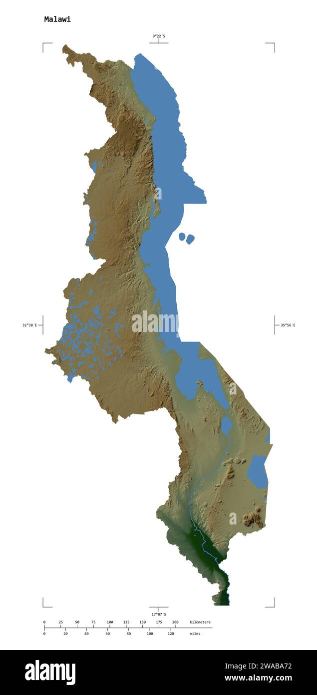 Shape of a Colored elevation map with lakes and rivers of the Malawi ...