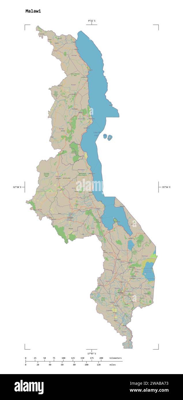 Shape of a topographic, OSM standard style map of the Malawi, with ...