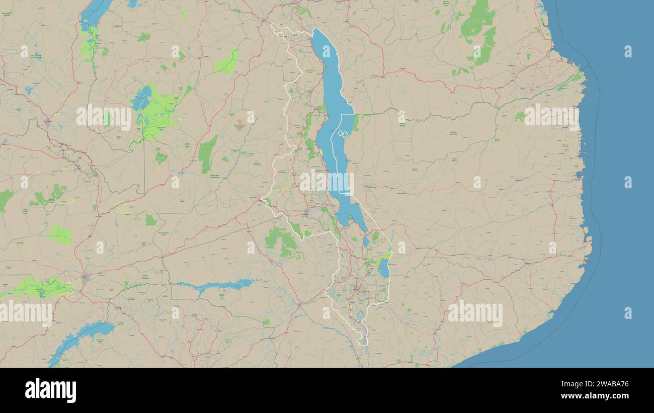 Malawi outlined on a topographic, OSM Germany style map Stock Photo - Alamy