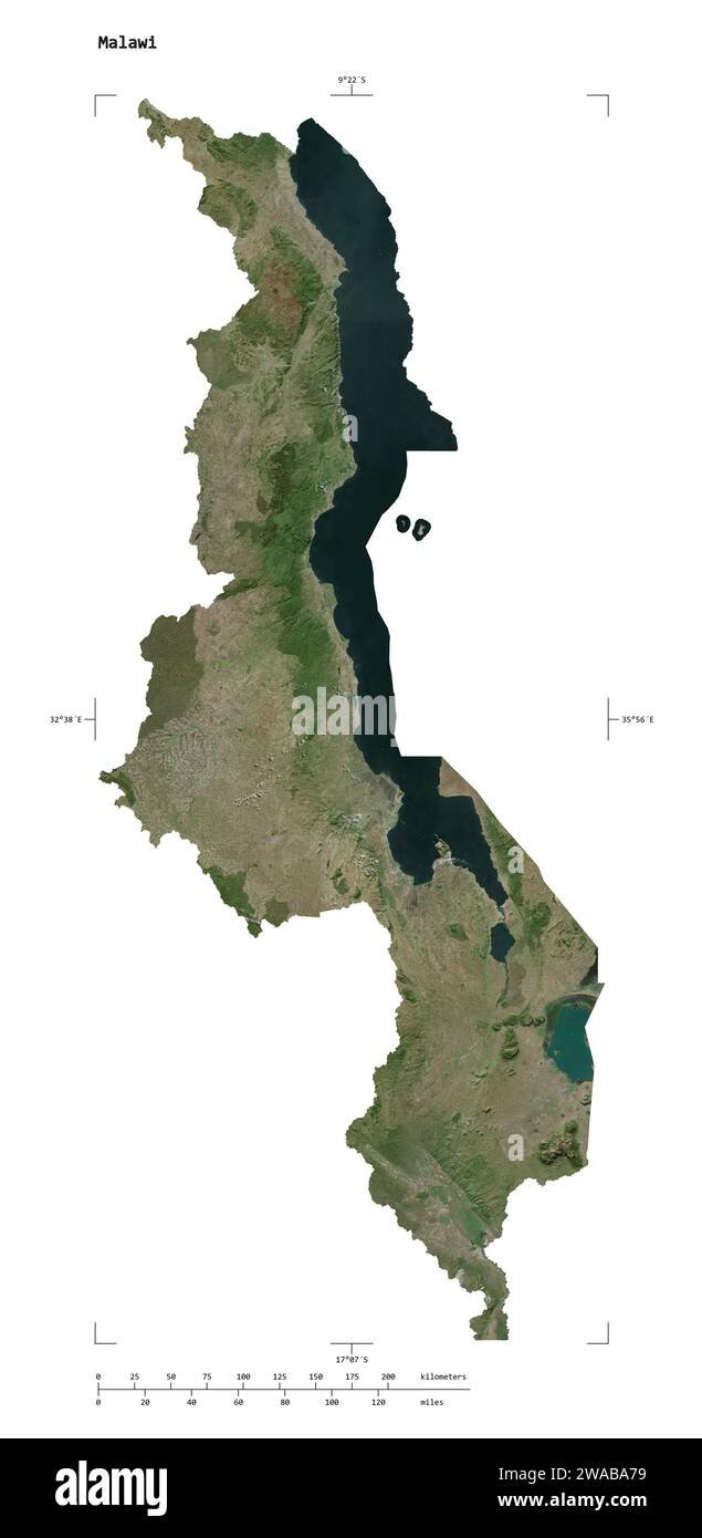 Shape of a high resolution satellite map of the Malawi, with distance ...