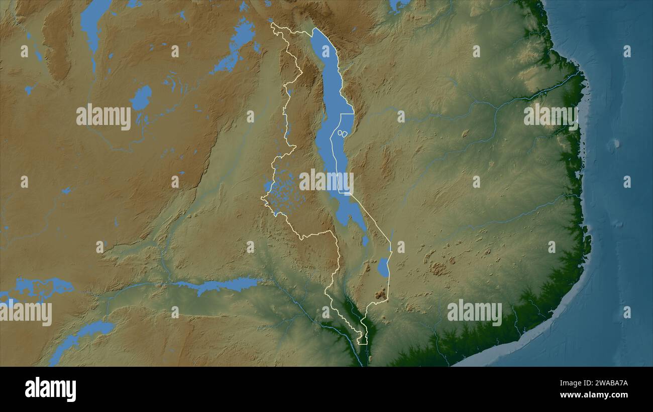Malawi outlined on a Colored elevation map with lakes and rivers Stock ...