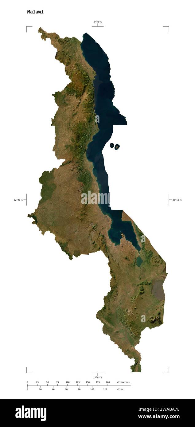Shape of a low resolution satellite map of the Malawi, with distance ...