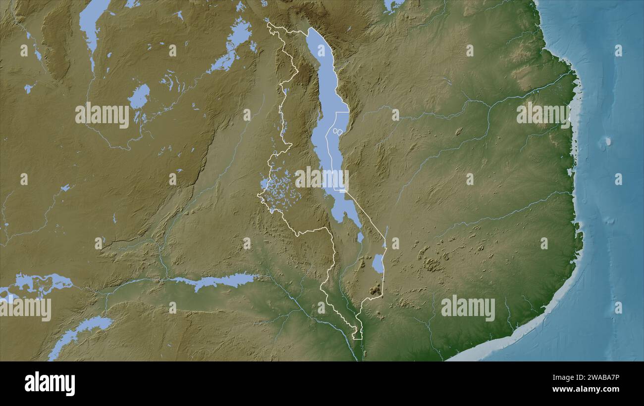 Malawi outlined on a Pale colored elevation map with lakes and rivers ...