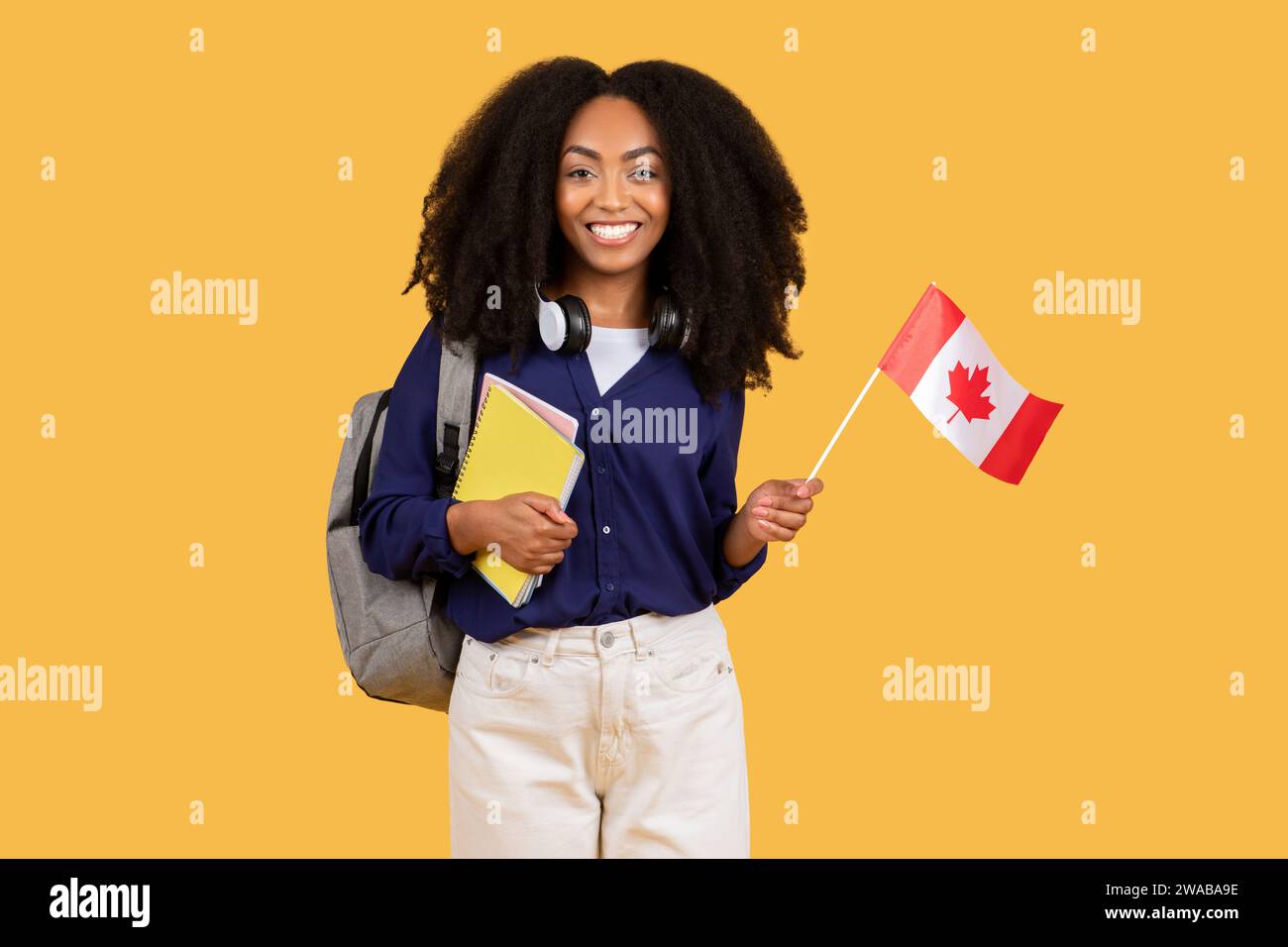Happy black student with backpack, copybooks, holding Canada flag on ...