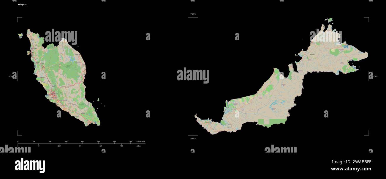 Shape of a topographic, OSM standard style map of the Malaysia, with ...