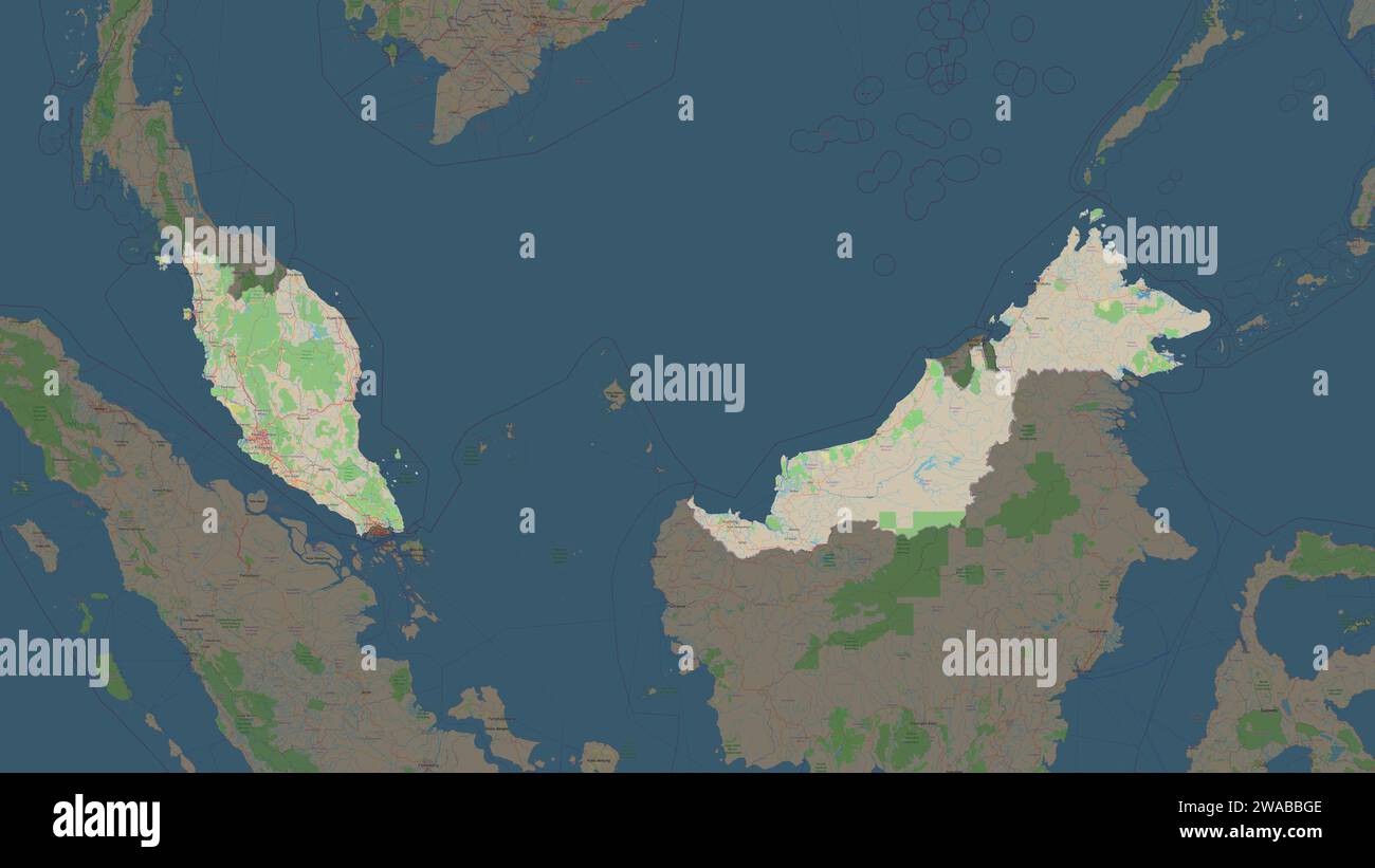 Malaysia highlighted on a topographic, OSM standard style map Stock Photo - Alamy