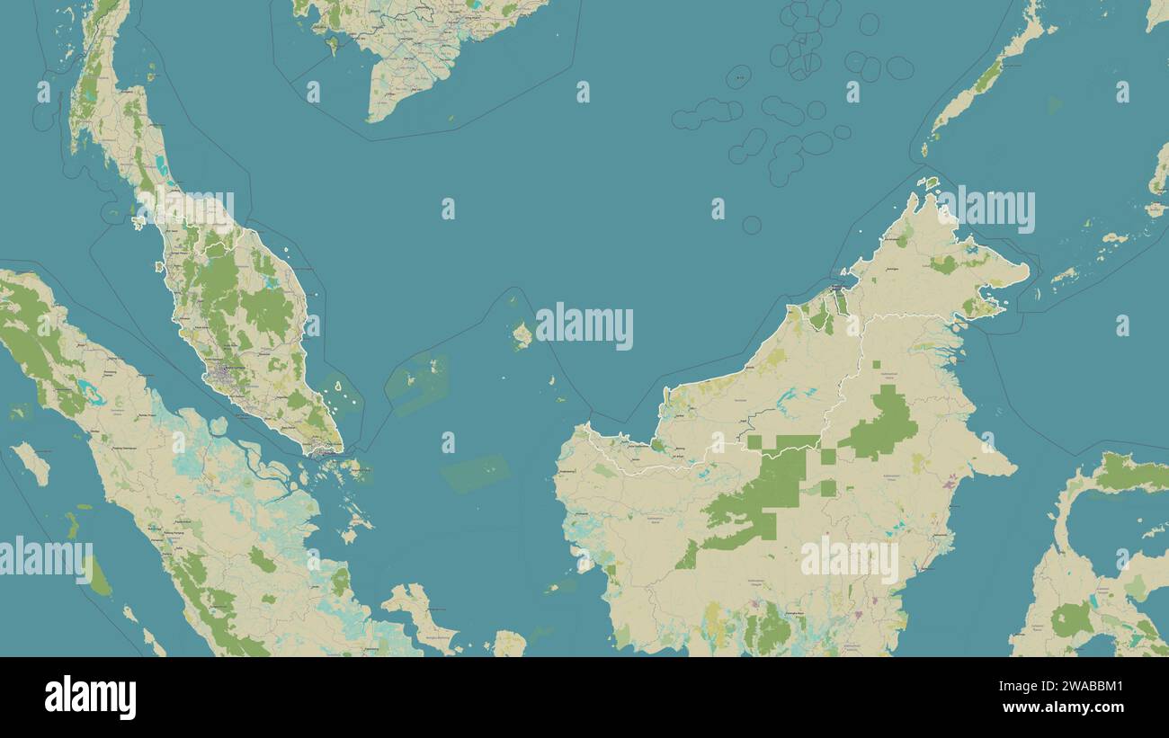 Malaysia outlined on a topographic, OSM Humanitarian style map Stock ...