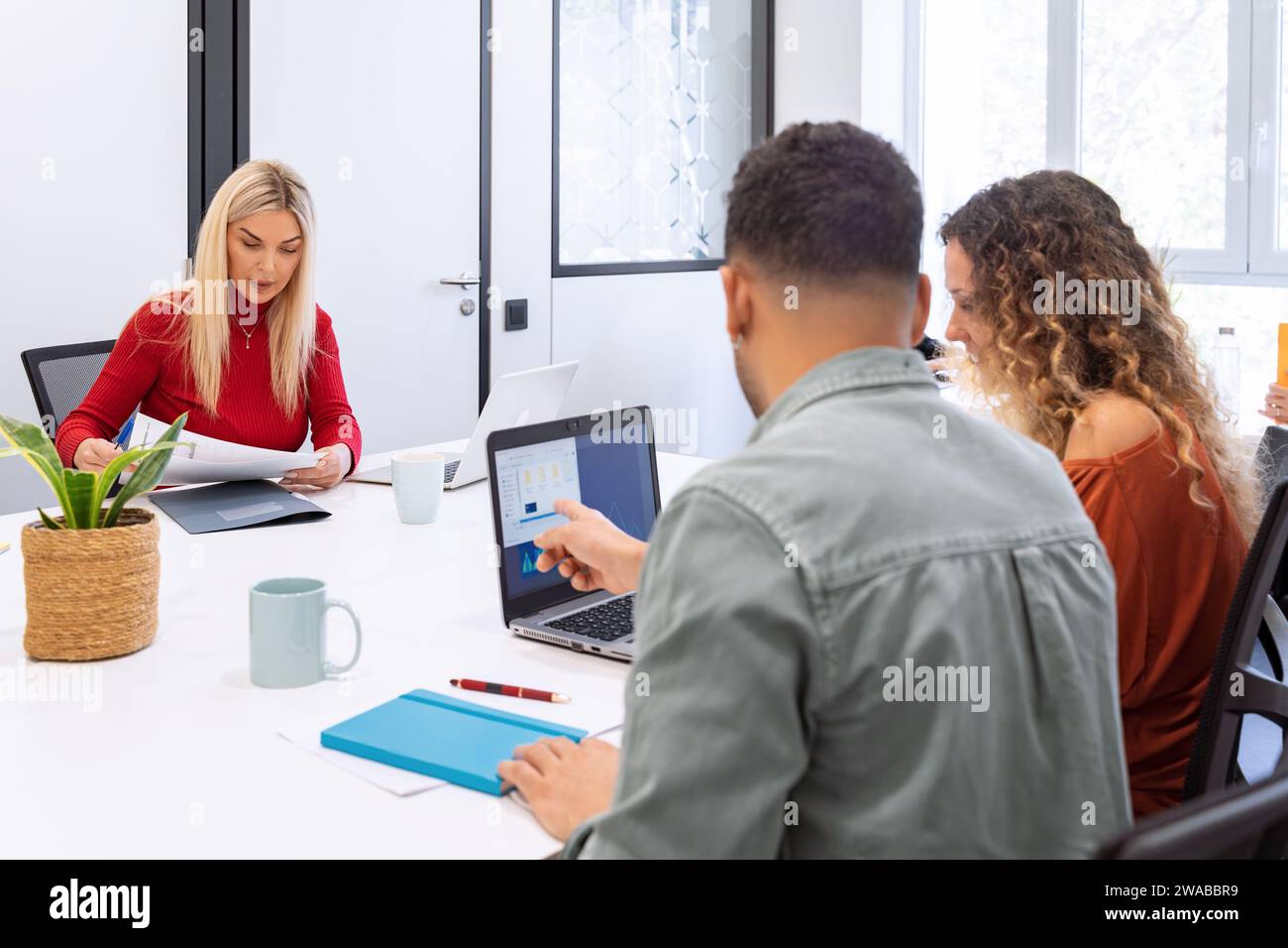Focused professionals engaged in a collaborative work session in a well ...