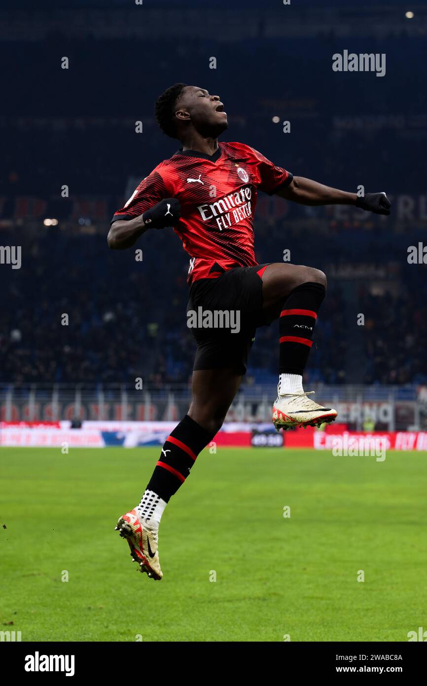 Milan, Italy. 2 January 2024. Chaka Traore of AC Milan celebrates after ...