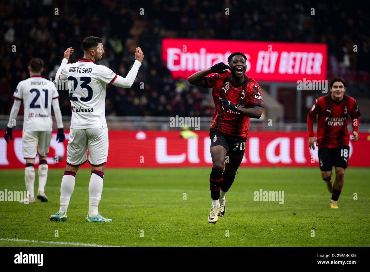 Milan, Italy. 2 January 2024. Chaka Traore of AC Milan celebrates after ...